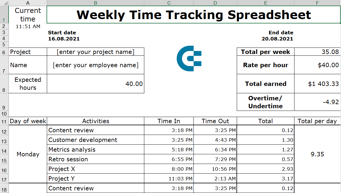 Time Tracking Spreadsheet In Excel Coupler io Blog